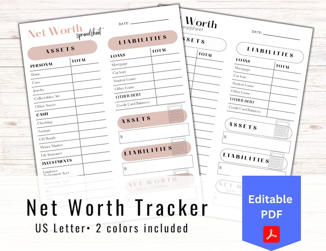 Net Worth Tracker Printable | Net Worth Annual Worksheet | Monthly ...