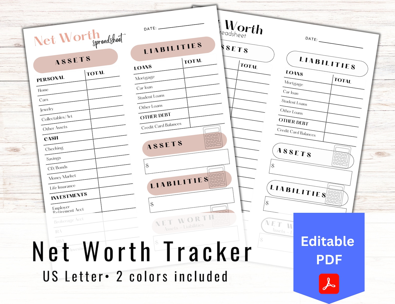 Net Worth Tracker Printable Net Worth Annual Worksheet Monthly Budget ...