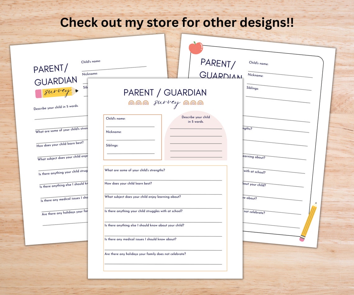 Back to School Parent Survey Getting to Know Your Child Questionnaire ...