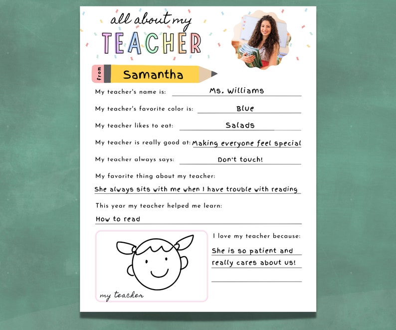 Teacher Appreciation Week All About My Teacher Questionnaire - Etsy