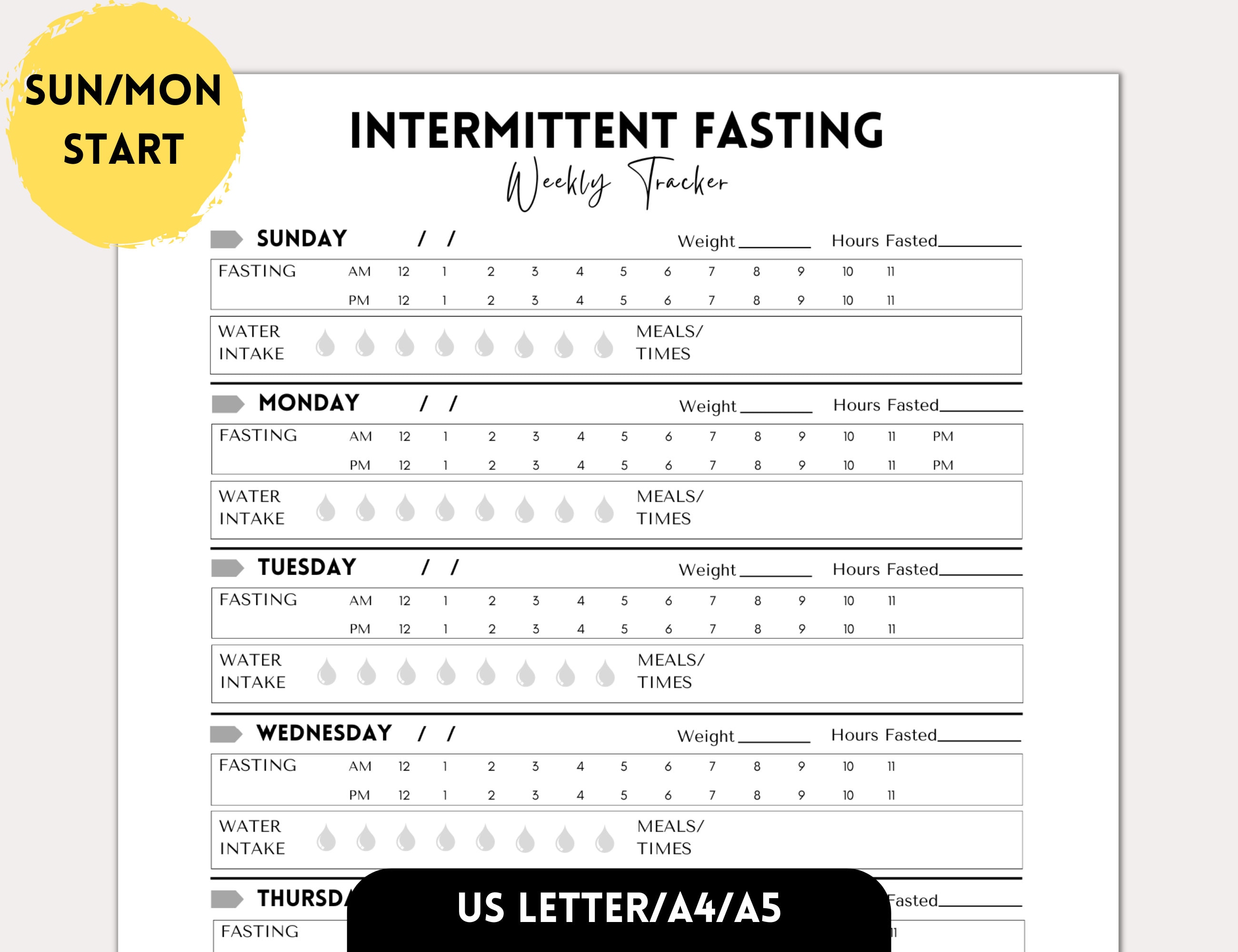 Printable Weekly Intermittent Fasting Tracker Fasting Challenge Weight ...
