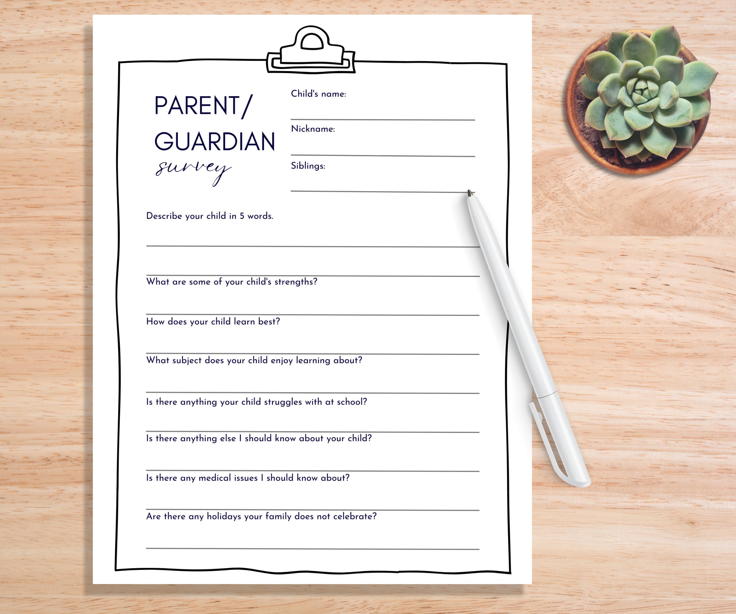 Back to School Parent Survey Getting to Know Your Child Questionnaire ...