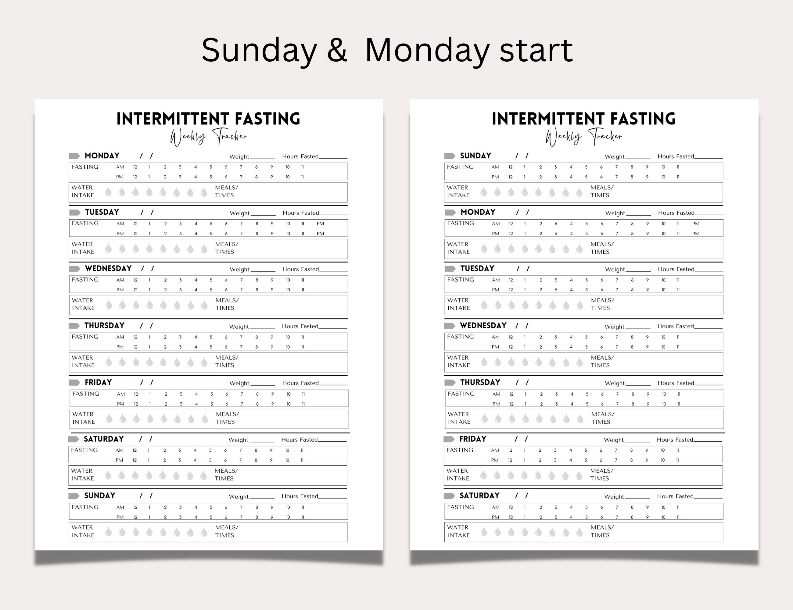 Printable Weekly Intermittent Fasting Tracker Fasting Challenge Weight ...