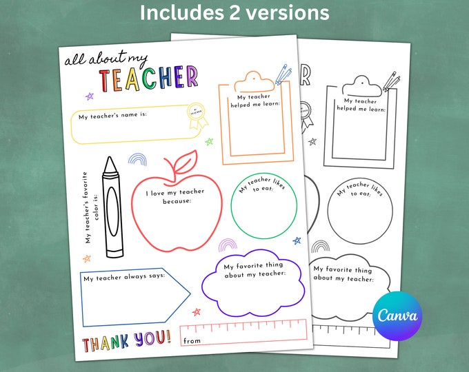 All About My Teacher Questionnaire Printable | Teacher Appreciation ...