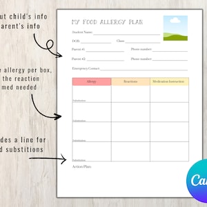 Food Allergy Tracker Form Printable Food Allergy School - Etsy