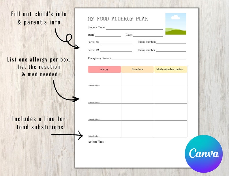 Food Allergy Tracker Form Printable Food Allergy School - Etsy
