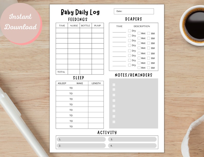 Printable Baby Daily Care Log Newborn Tracker Breastfeeding Tracker ...