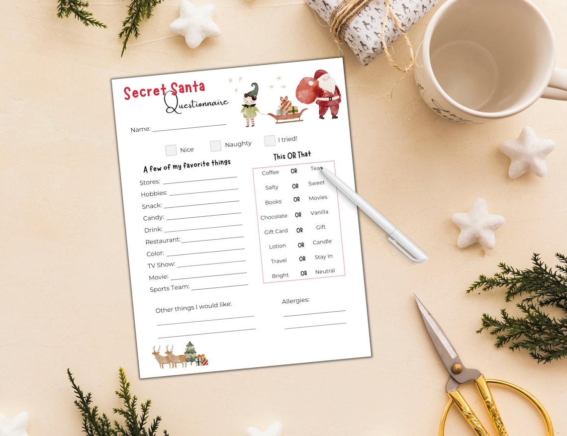 Secret Santa Questionnaire Printable Secret Santa Form Secret Santa ...