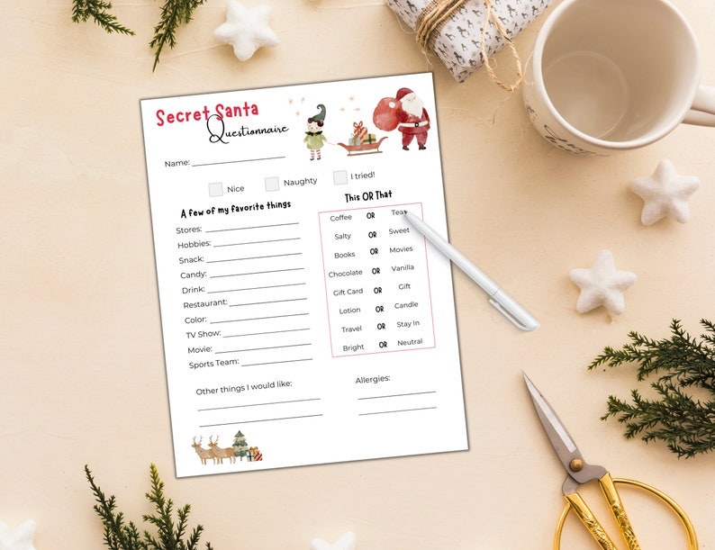 Secret Santa Questionnaire Printable Secret Santa Form Secret Santa ...