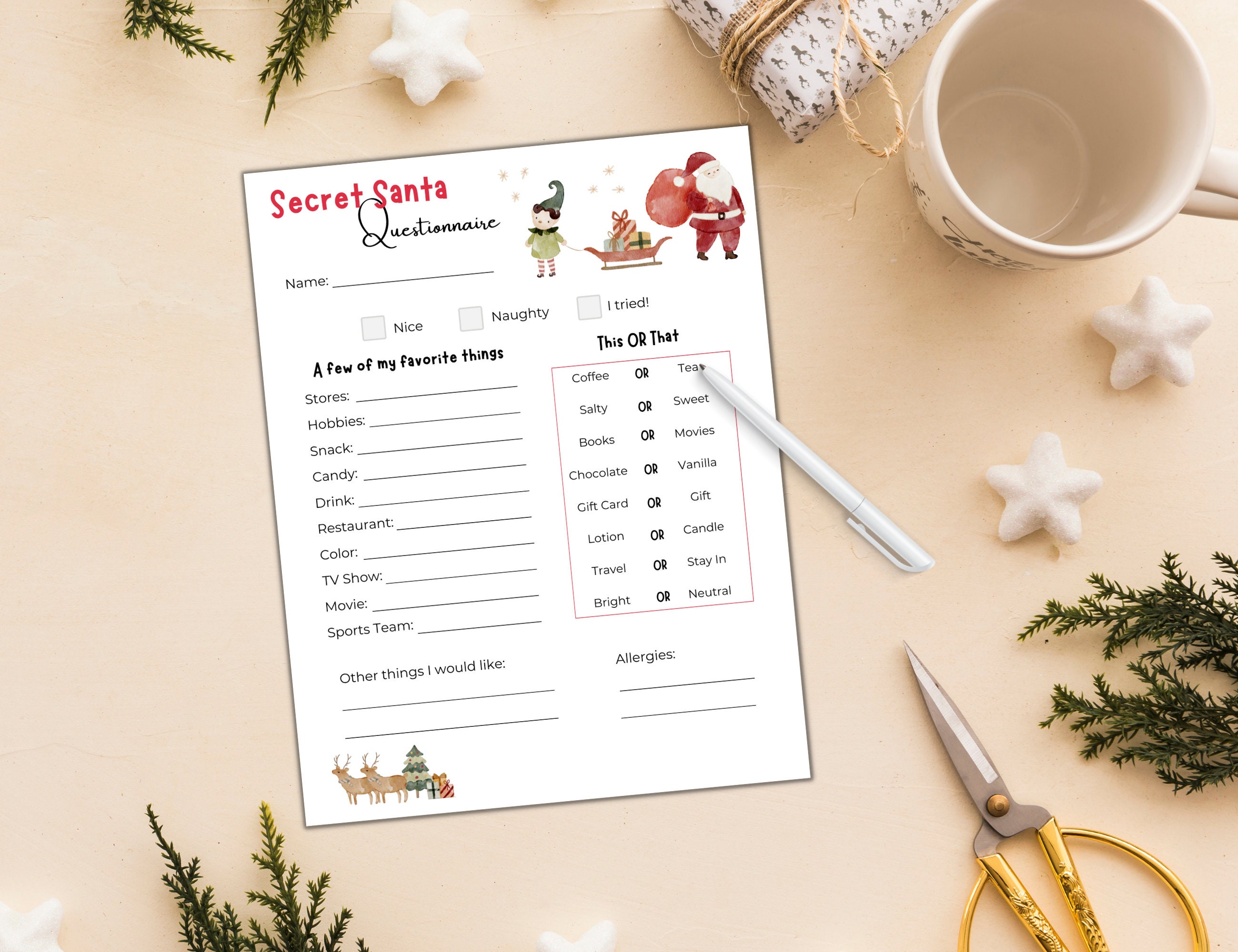Secret Santa Questionnaire Printable Secret Santa Form Secret Santa ...