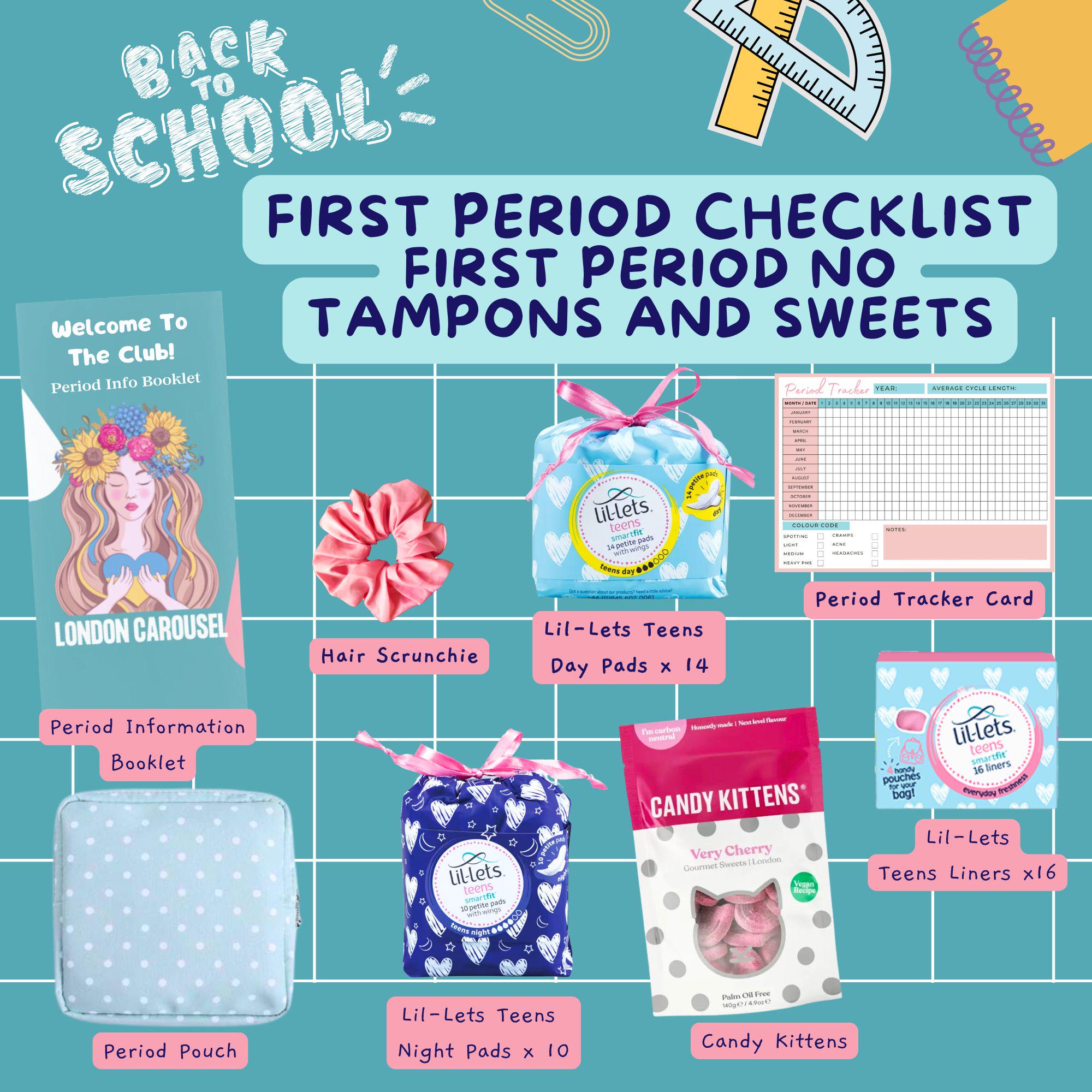 First Period Kit for Girls – No Tampons, Includes Lil-lets Pads, Candy ...