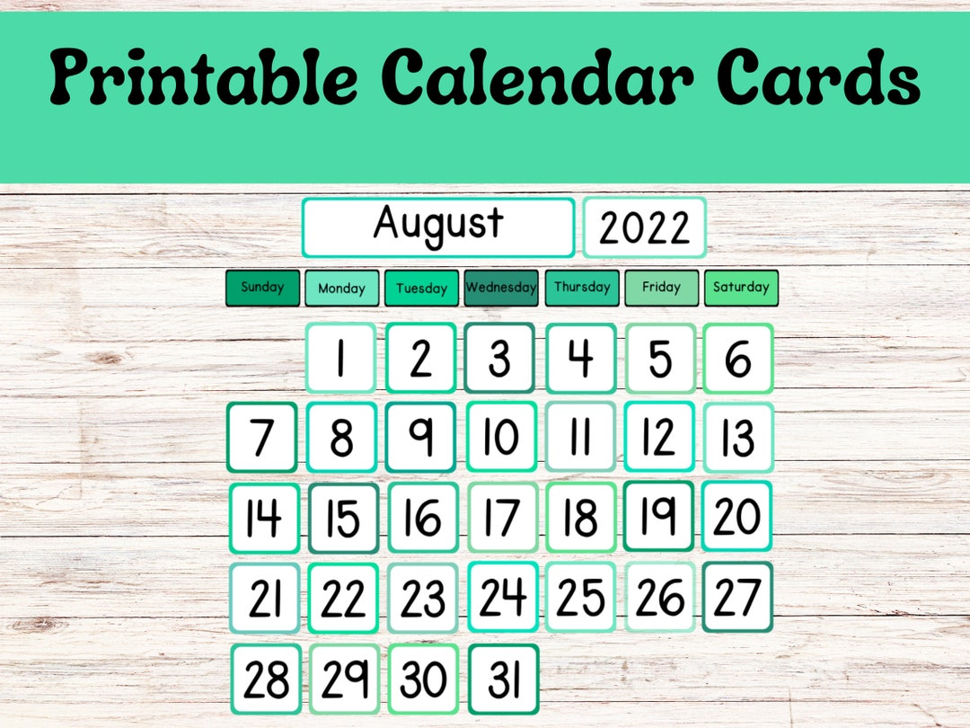 Printable Calendar Cards in Shades of Green- Easy to Read Font- Instant ...