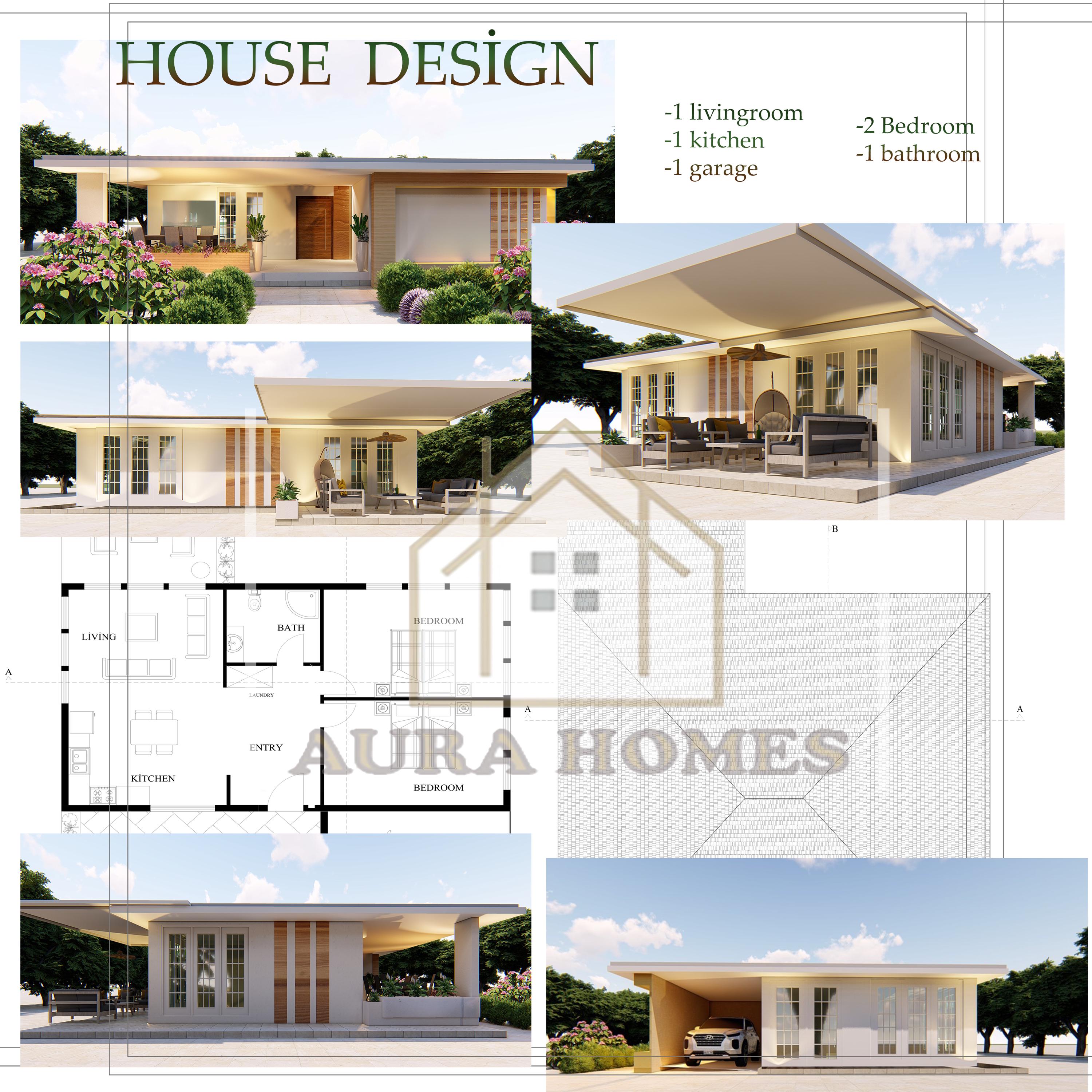 10.50x12.70m Modern Single Storey House 1 Livingroom,1 Kitchen,2 ...