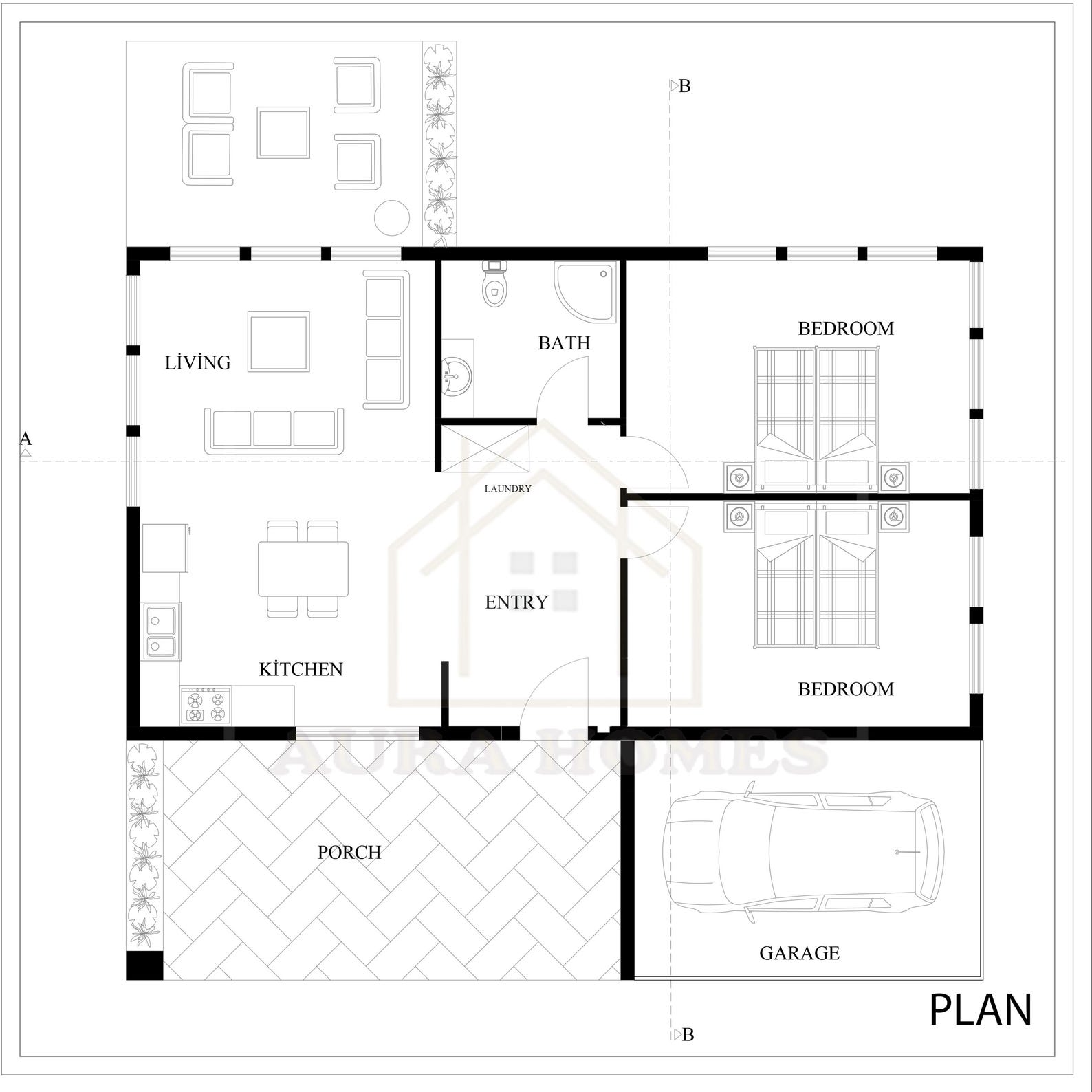 10.50x12.70m Modern Single Storey House 1 Livingroom,1 Kitchen,2 ...