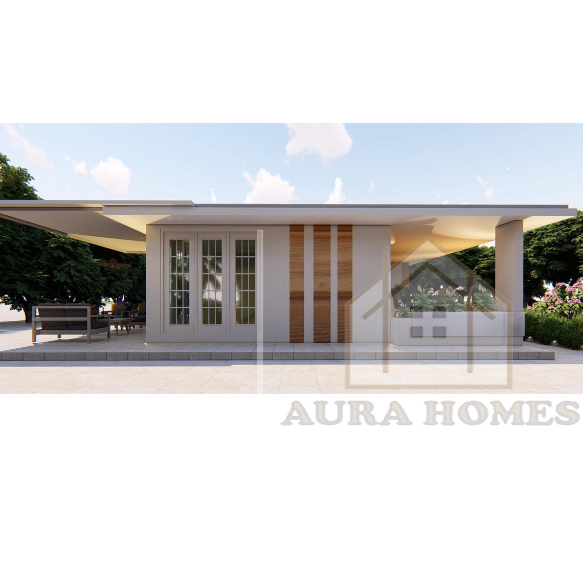 10.50x12.70m Modern Single Storey House 1 Livingroom,1 Kitchen,2 ...