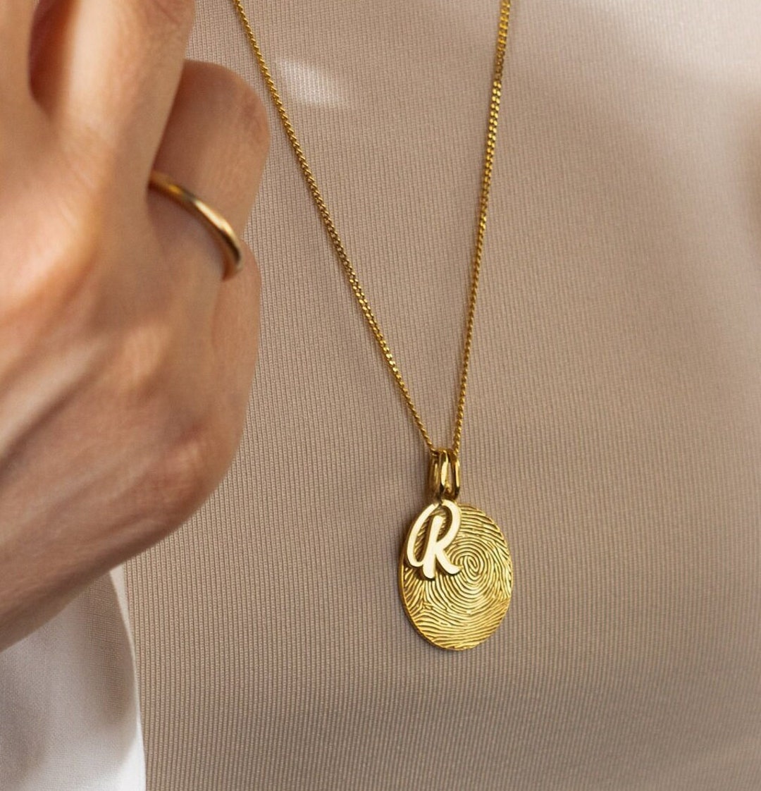 Oval Custom Fingerprint Sterling Silver Necklace With Initial and Name ...