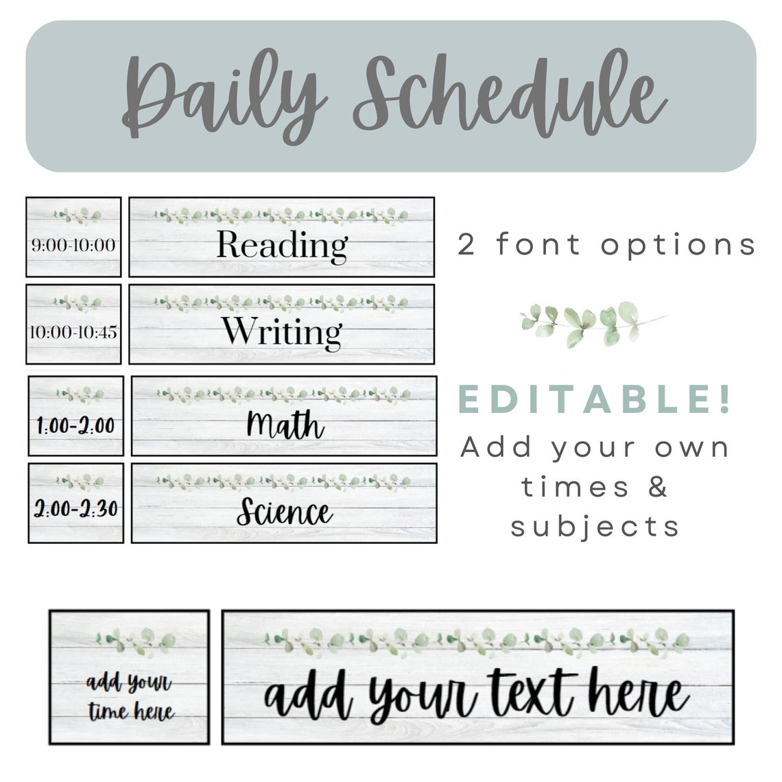 Editable Modern Farmhouse Classroom Schedule Cards, Eucalyptus ...