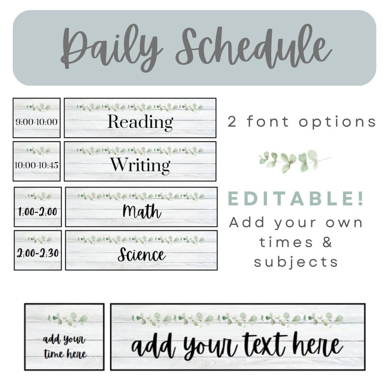 Editable Modern Farmhouse Classroom Schedule Cards, Eucalyptus ...