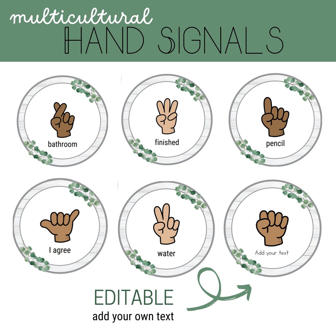 Eucalyptus Farmhouse Classroom Hand Signal Posters, Multicultural ...