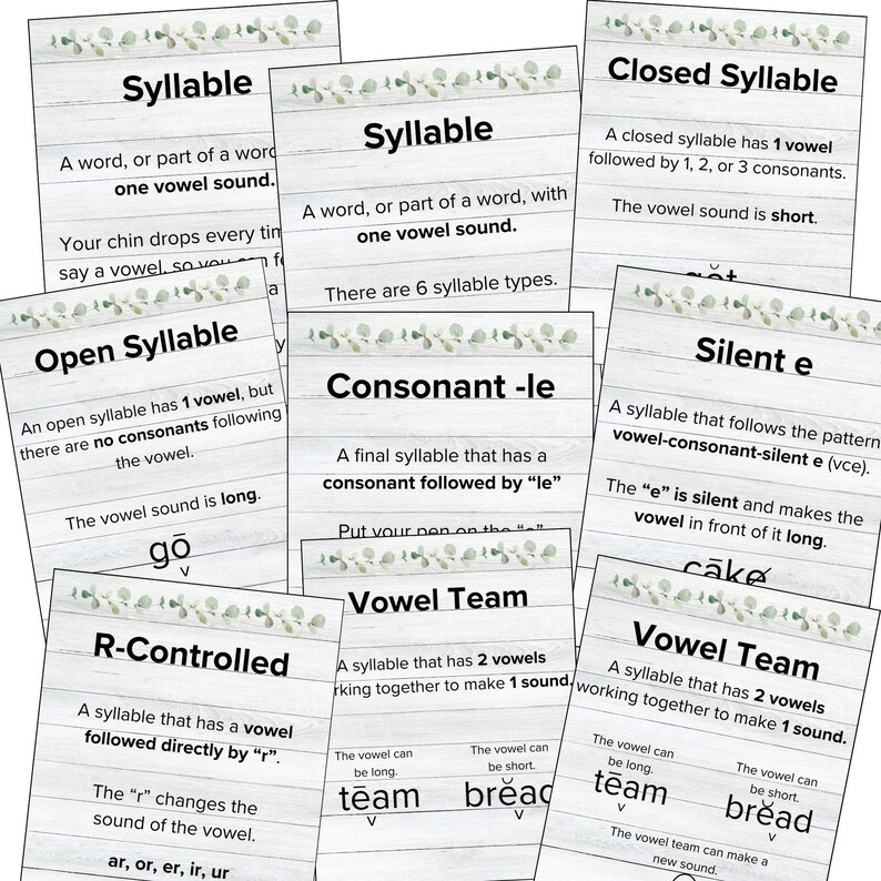 Syllable Type Posters, Rustic Farmhouse Class Decor, Orton Gillingham ...