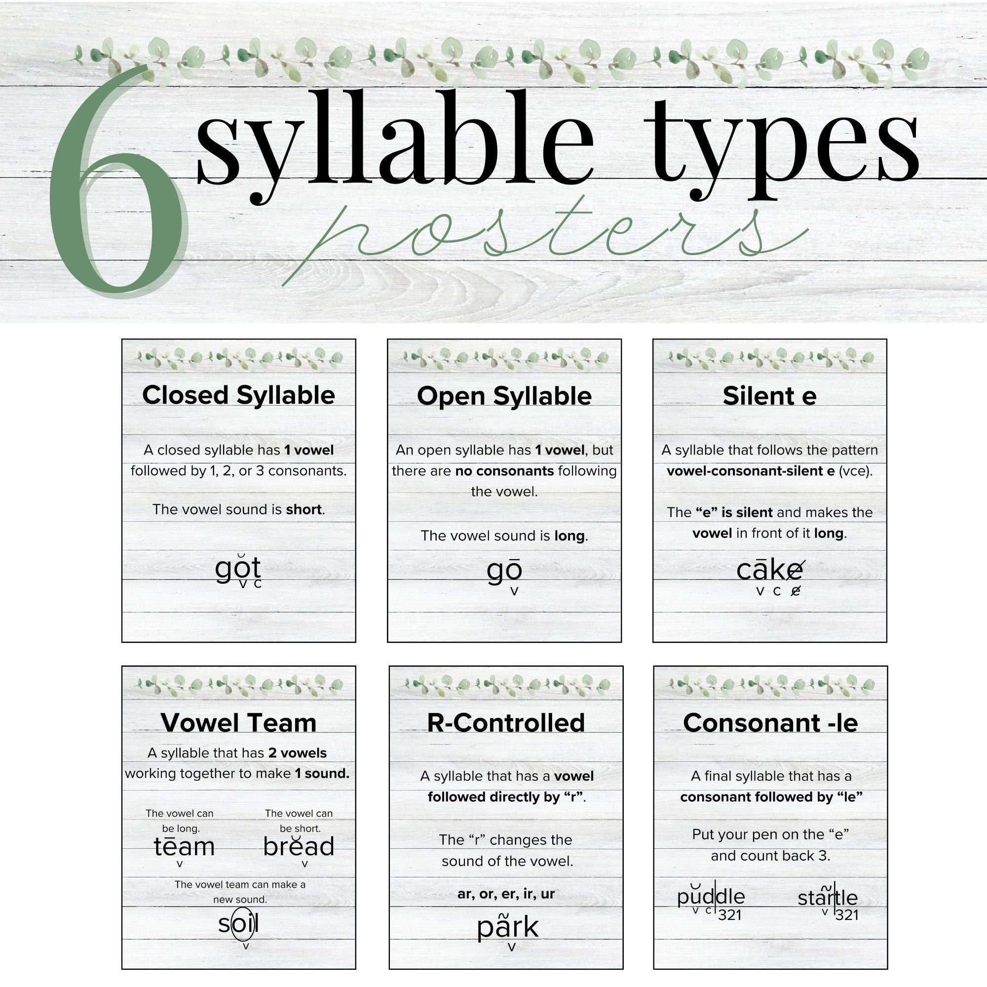 Syllable Type Posters, Rustic Farmhouse Class Decor, Orton Gillingham ...