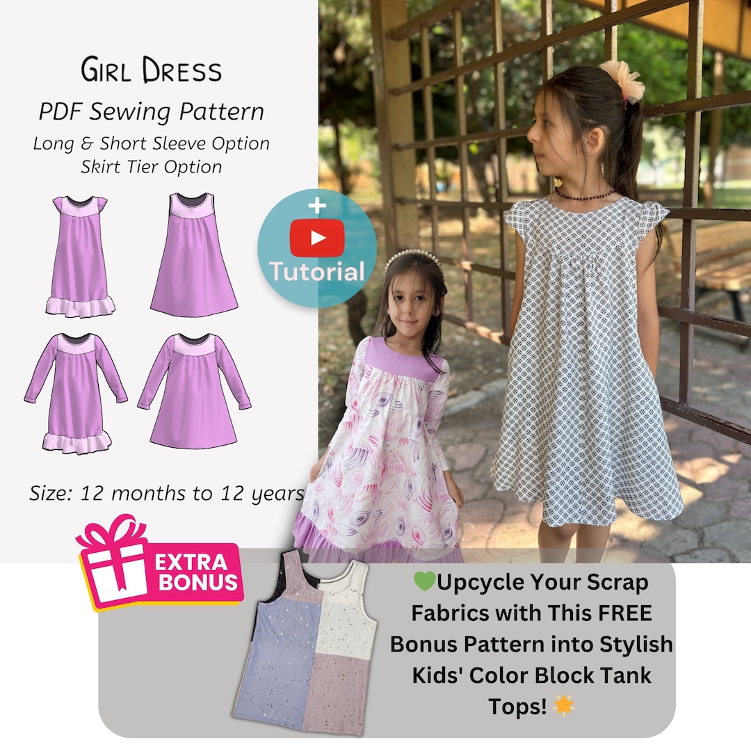 Girls Dress PDF Sewing Pattern With Long Sleeve Cap Sleeve and Tier ...