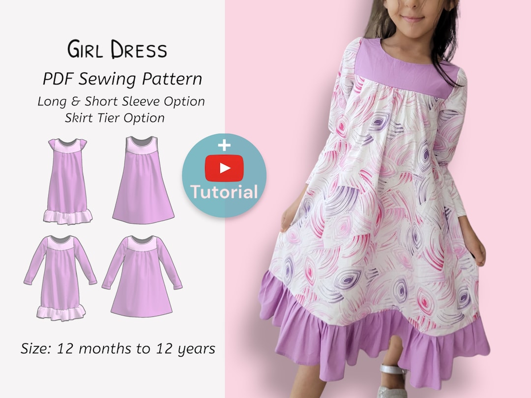 Girls Dress PDF Sewing Pattern With Long Sleeve Cap Sleeve and Tier ...