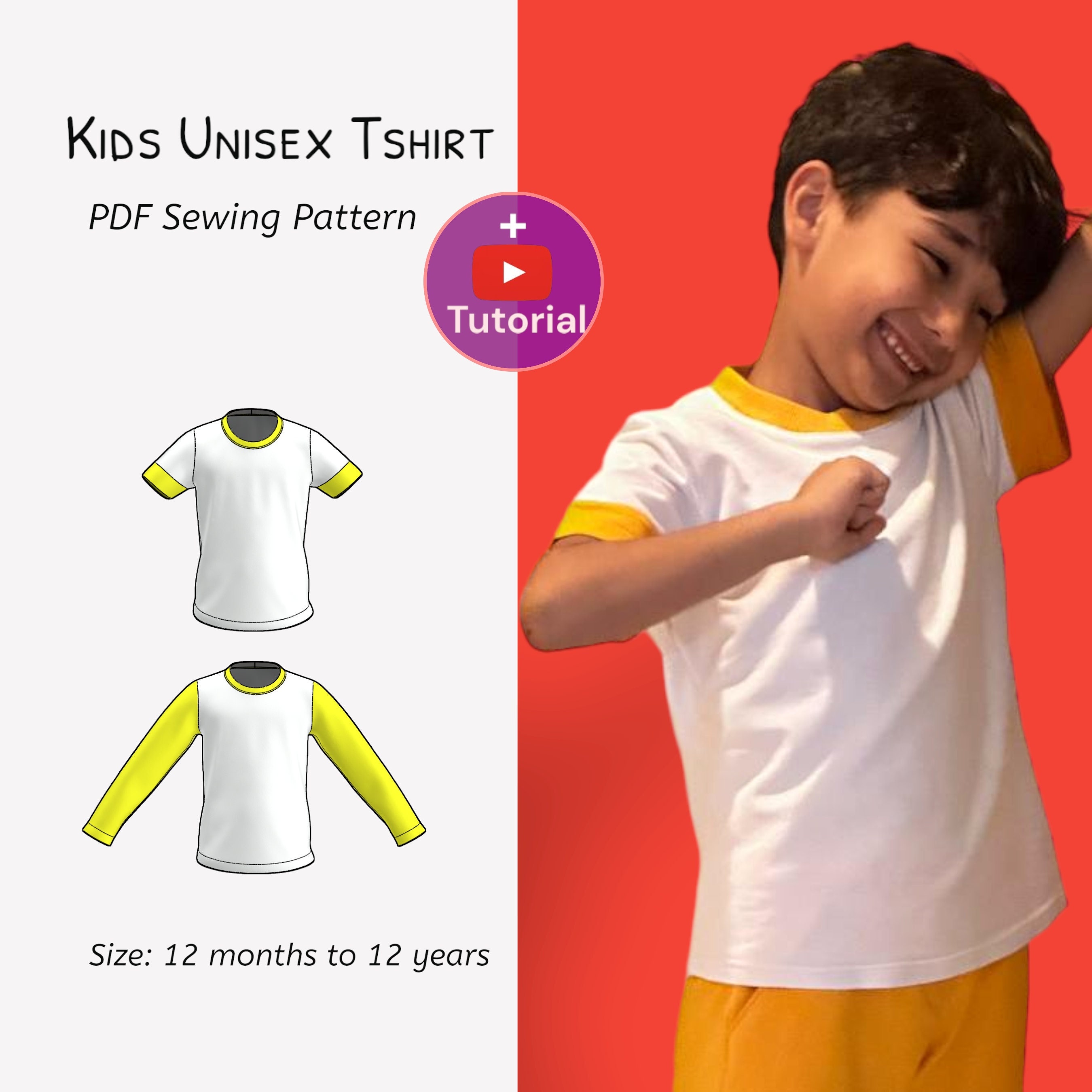 Kids Unisex Tshirt PDF Sewing Pattern With Long and Short Sleeve ...