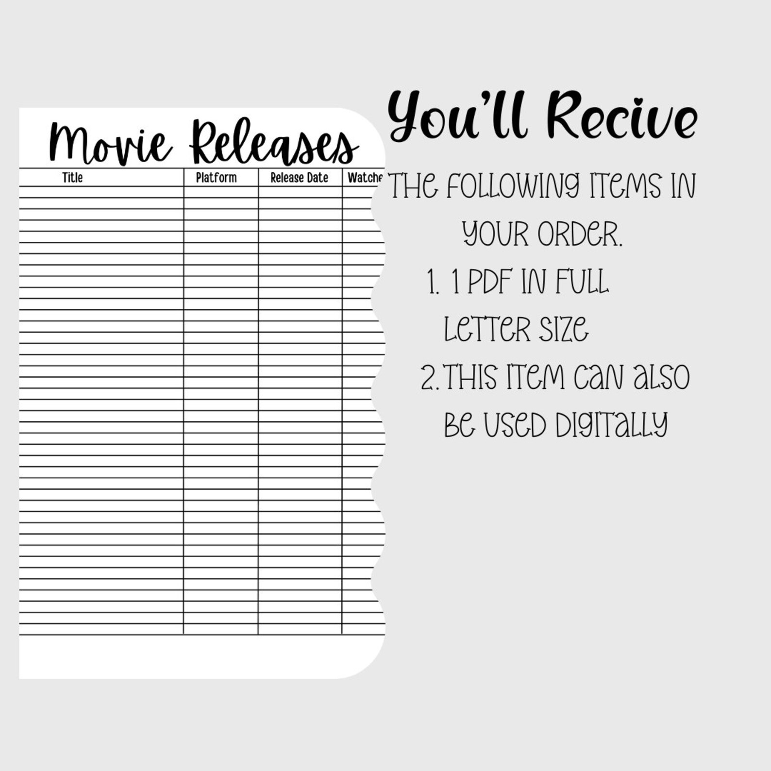 Movie Release Tracker, Movie Tracker, Digital Movie Tracker, Printable ...