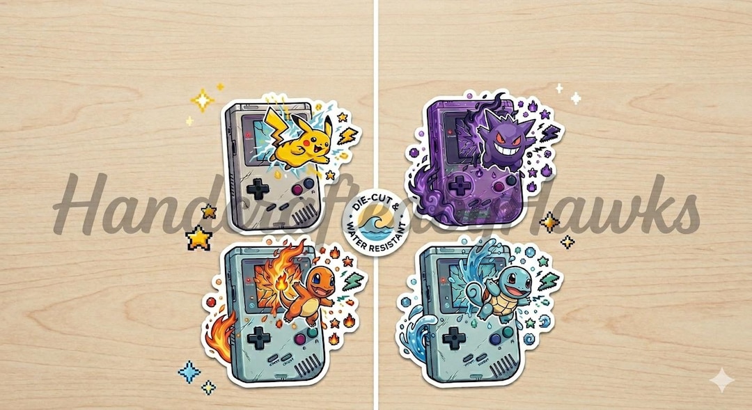 Retro Gameboy Pokémon Stickers, Water Resistant Vinyl Decal, Pikachu ...