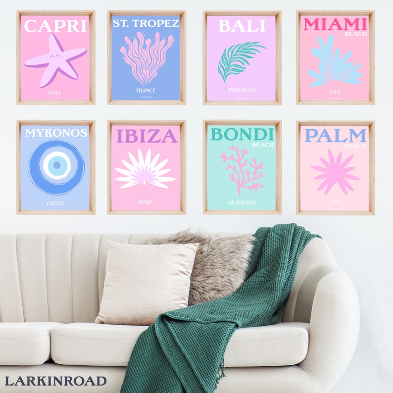 DIGITAL DOWNLOAD 8-pack Coastal Wall Art, Preppy Room Decor, Pink Dorm Decor, College Apartment ...