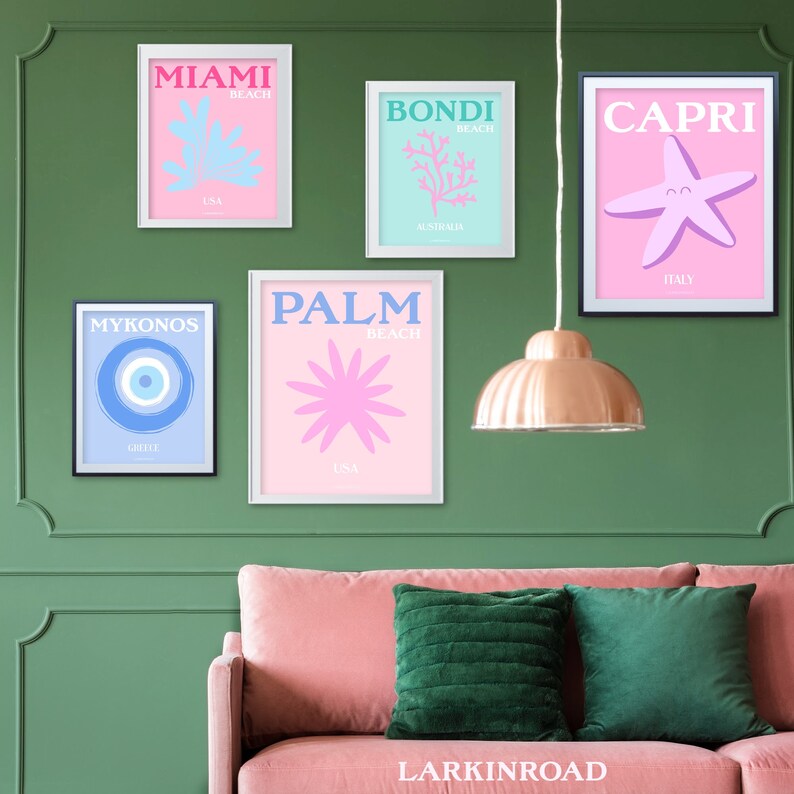 DIGITAL DOWNLOAD 8-pack Coastal Wall Art, Preppy Room Decor, Pink Dorm Decor, College Apartment ...