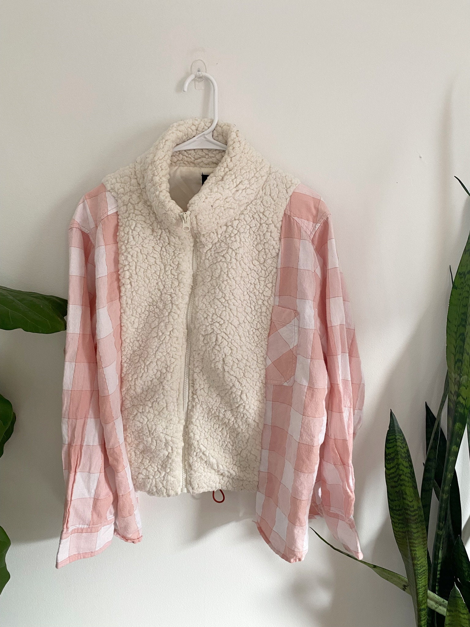 Pink and White Sherpa Zip up Jacket Flannel Rework - Etsy