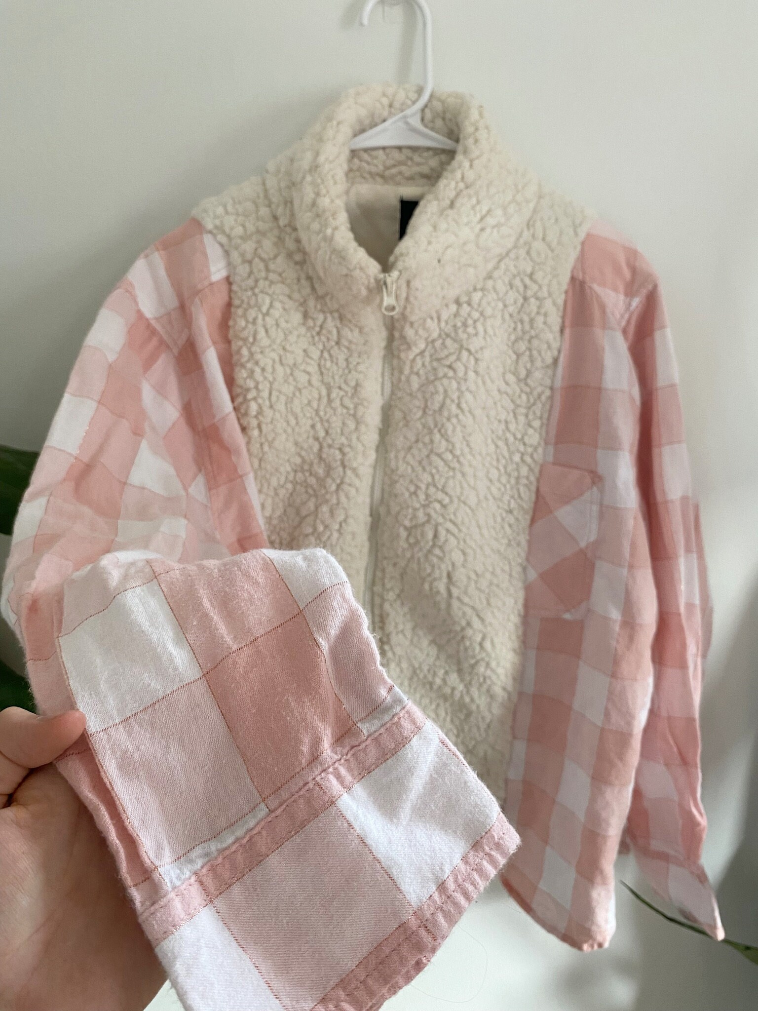 Pink and White Sherpa Zip up Jacket Flannel Rework - Etsy