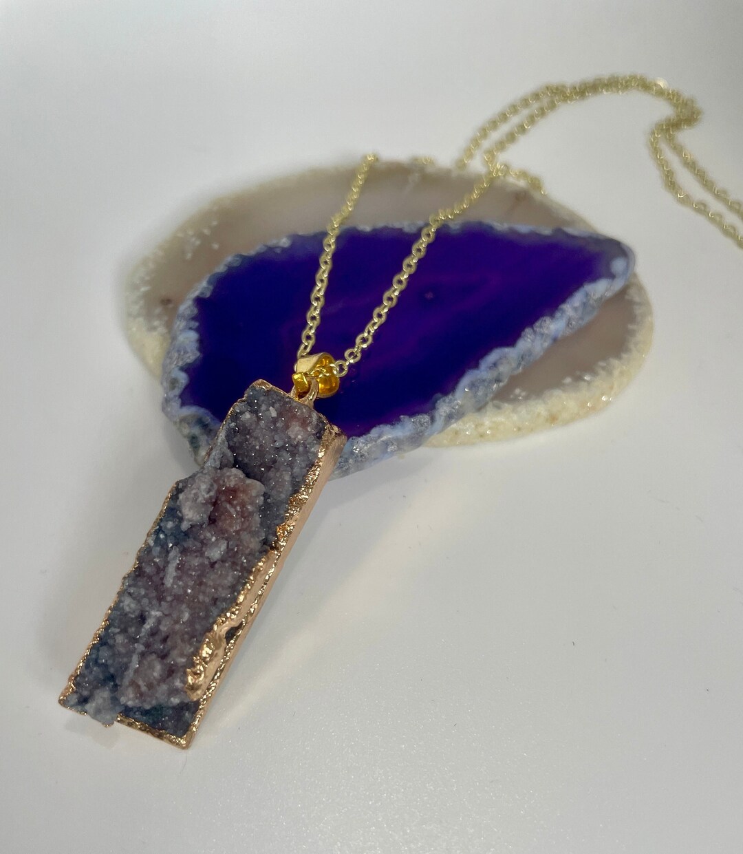 Grey and Taupe Vertical Geode Bar Pendant Necklace / Grey / Geode Slice ...