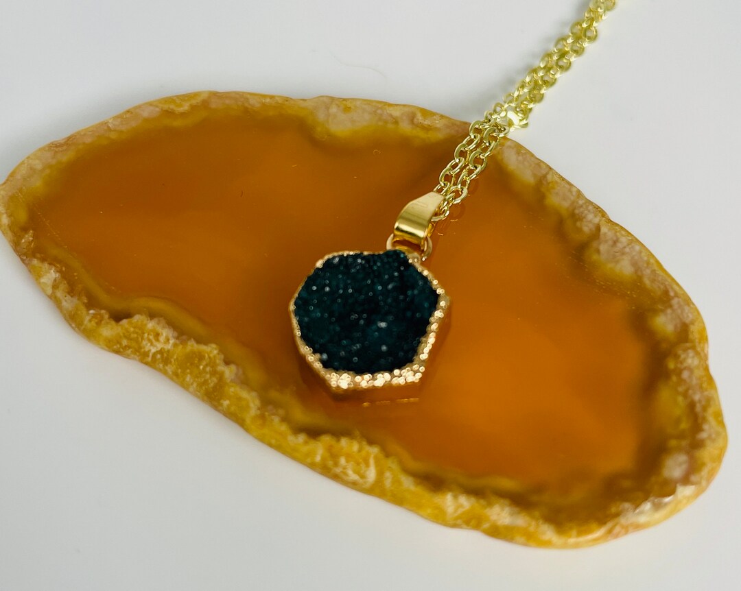 Black Reversable Hexagonal Geode Pendant Necklace / Geode Slice / Druzy Pendant / Agate Jewelry ...