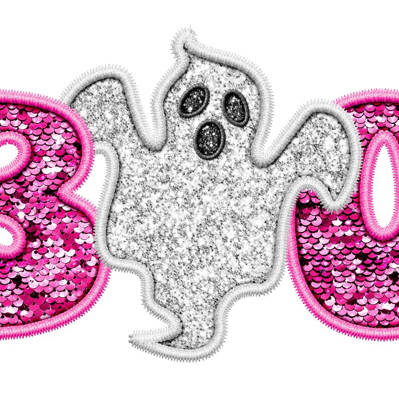 BOO PNG, Halloween PNG, Faux Embroidery Halloween Design, Ghost, Pink Sequin, Retro Bubble ...