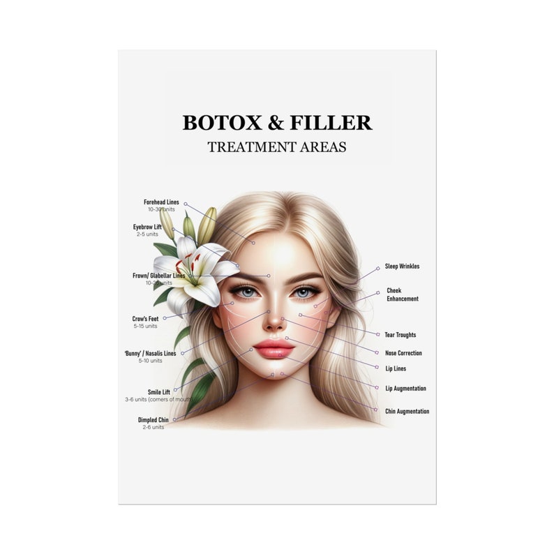 Botox and Filler Treatment Area Rolled Poster, Facial Anatomy Muscles ...