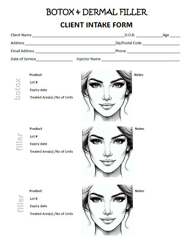 Botox And Dermal Filler Intake Form Female Version Nurse Injector Consultation Form Aesthetic
