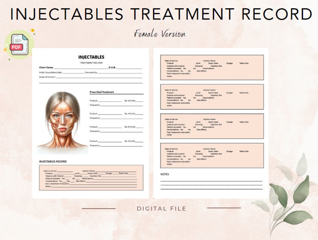 Injectables Treatment Record Female Version, Nurse Injector ...