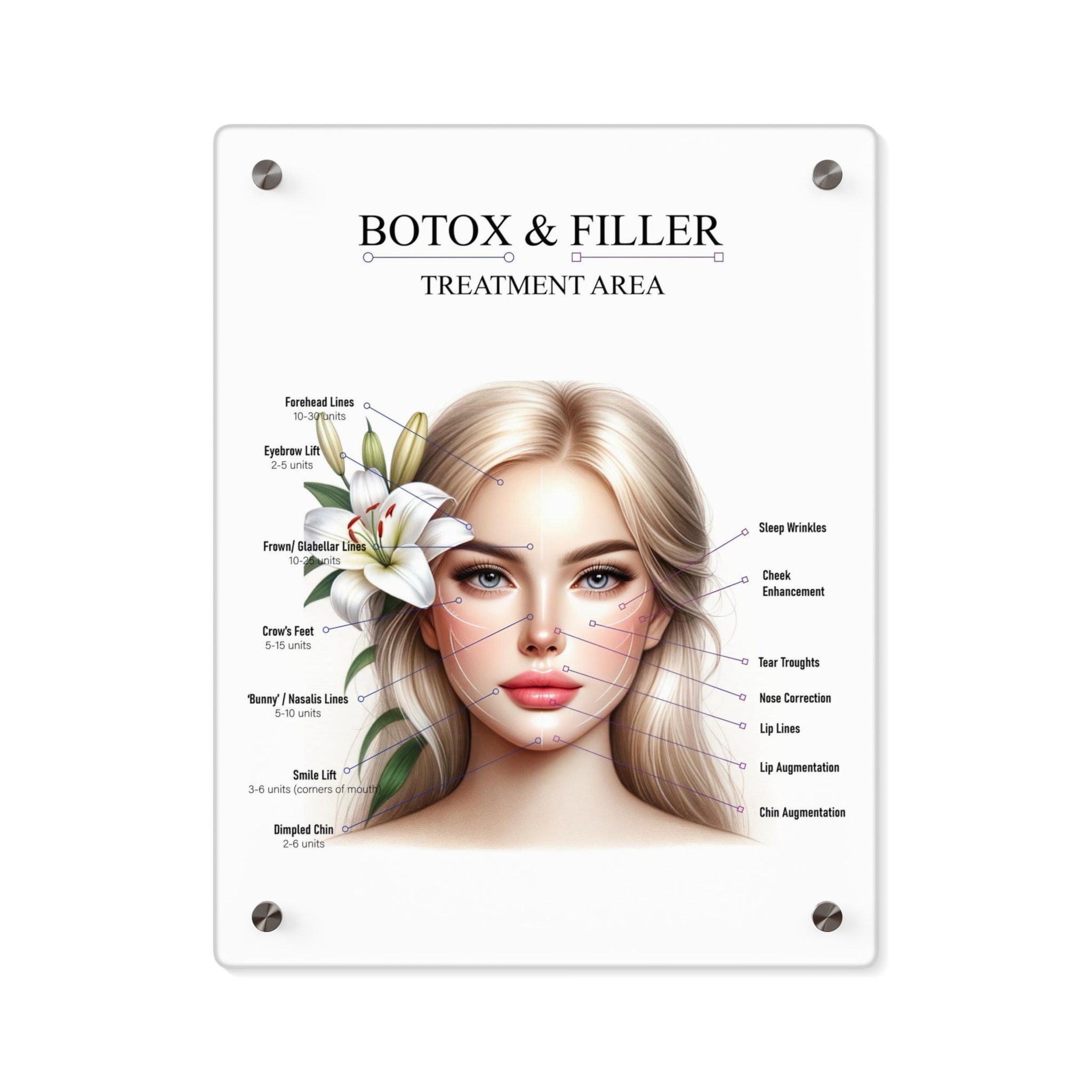 Botox & Filler Treatment Areas Acrylic Wall Art Panel, Med-spa Wall ...