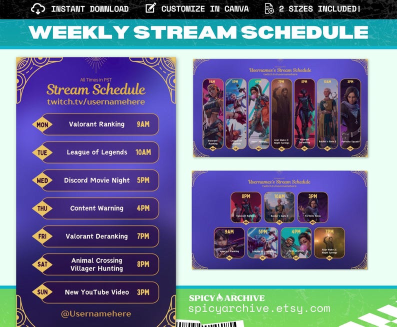 Purple Stream Schedule Template - 2 Sizes Included! | Twitch Kick ...