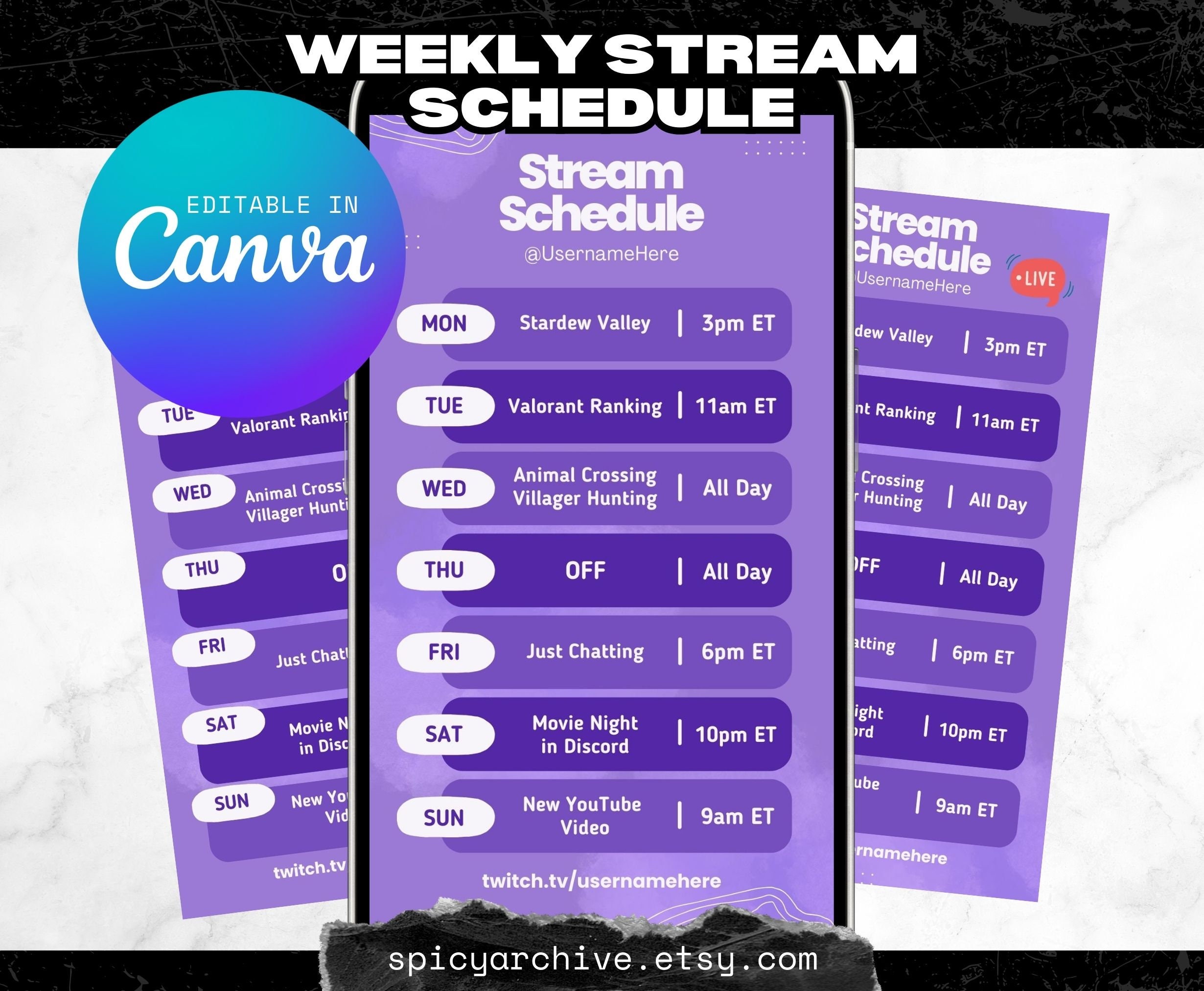 Stream Schedule Template | Purple Bubble Watercolor | Twitch Kick ...