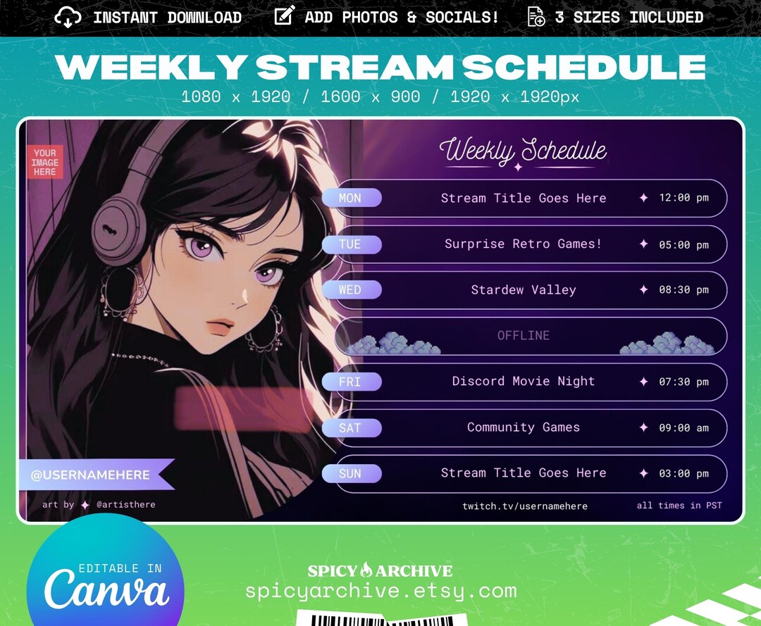 Purple Stream Schedule Template Pack | 3 Sizes Included! | Twitch ...