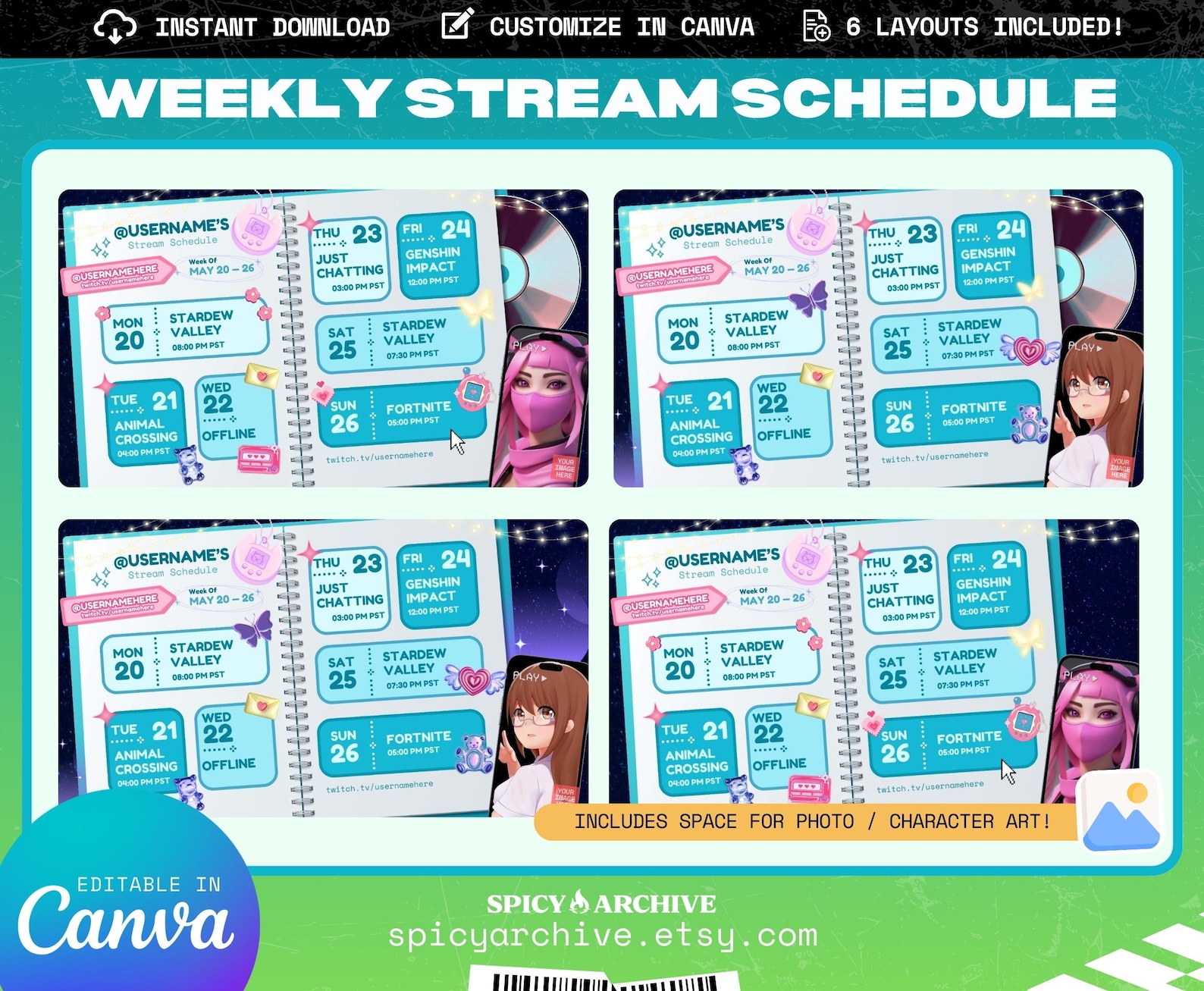 Blue Y2K Notebook Stream Schedule Template Pack | Twitch Youtube ...