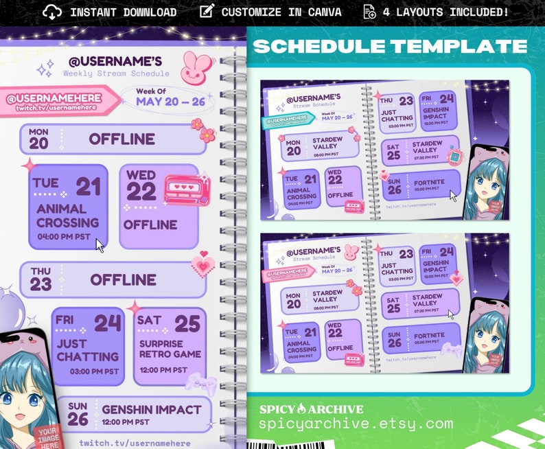 Purple Notebook Stream Schedule Template - 2 Sizes Included! | Twitch ...