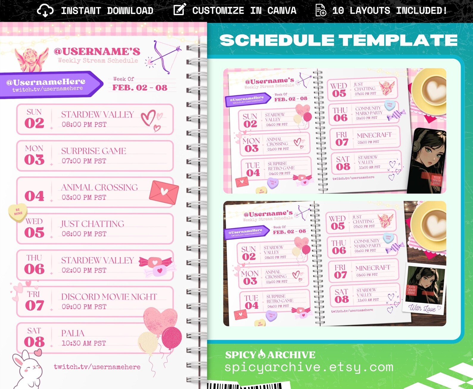 Pink Stream Schedule Template | Valentines Café Notebook | 2 Sizes + 10 ...
