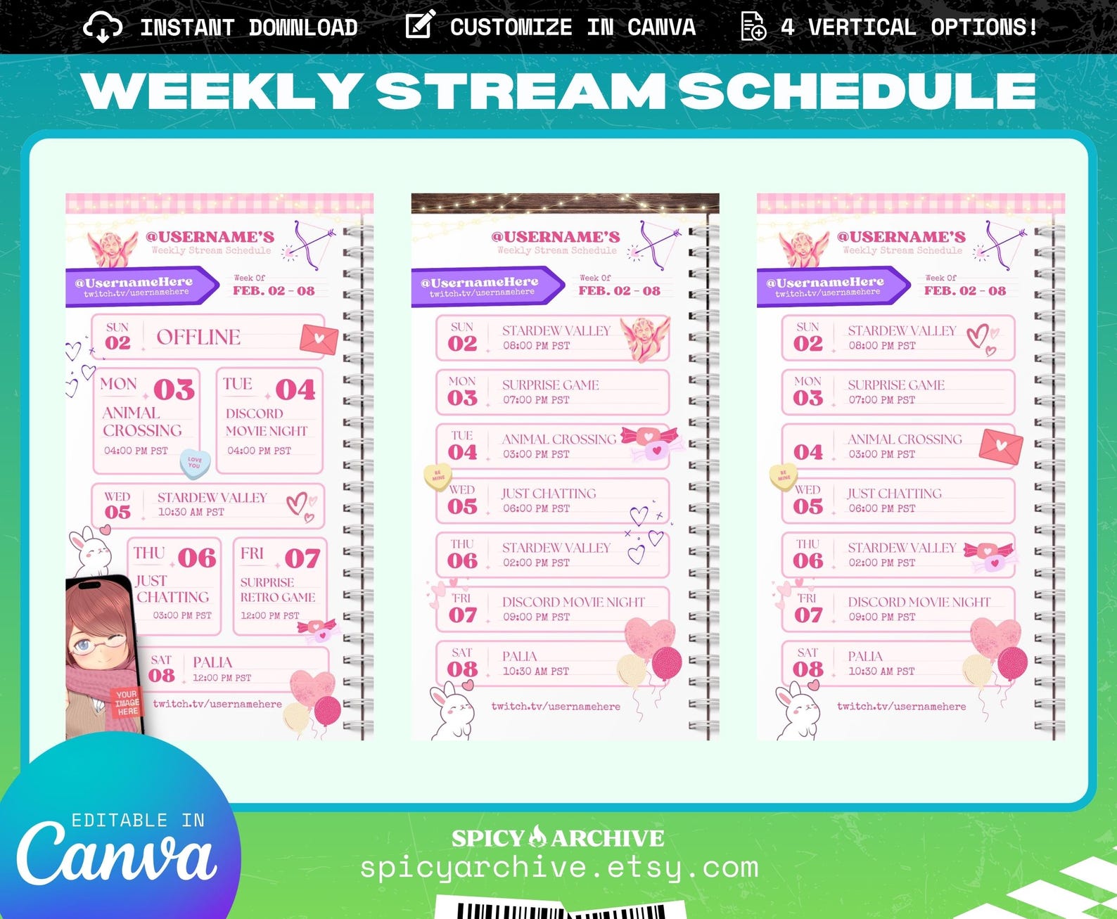 Pink Stream Schedule Template | Valentines Café Notebook | 2 Sizes + 10 ...