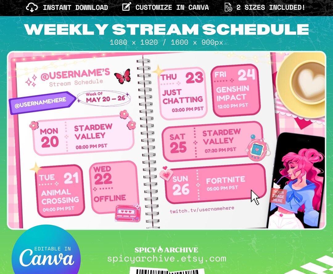Pink Notebook Stream Schedule Template - 2 Sizes Included! | Twitch ...