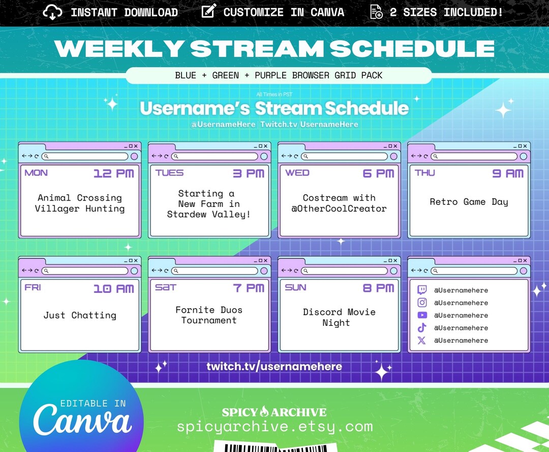 Blue, Green, and Purple Browser Grid Stream Schedule Template Pack ...